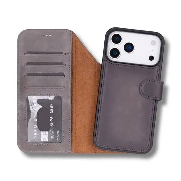 LEATHERE Leather Iphone Onyedi Pro Wallet Case – Gray Austin - Grey