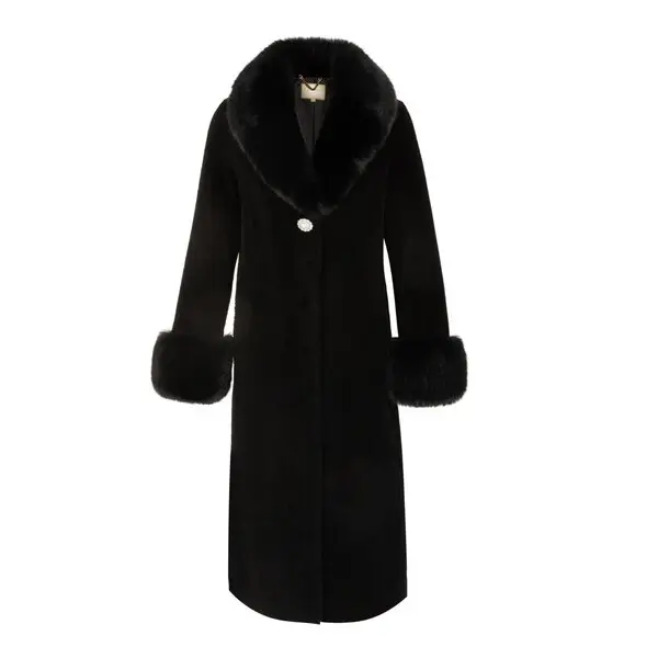 SANTINNI Sunset Boulevard Long Wool Coat With Faux Fur Collar In Nero - Black