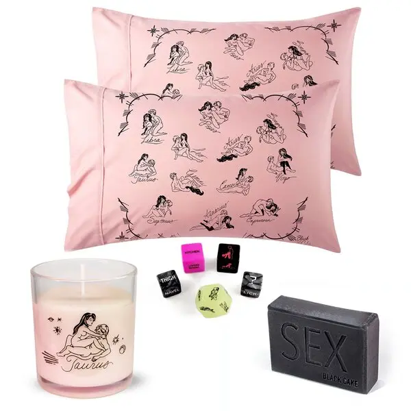 BLACK CAKE Taurus Pleasure Pack- Zodiac Horoscope Love Pillowcase, Soap, Candle Set - Pink