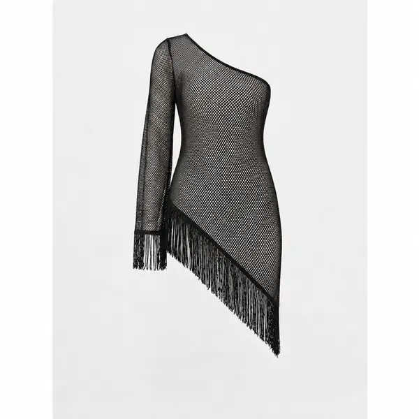 WOMEN & WOMEN Metallic One-shoulder Mesh Cover-up Dress With Fringe - Black