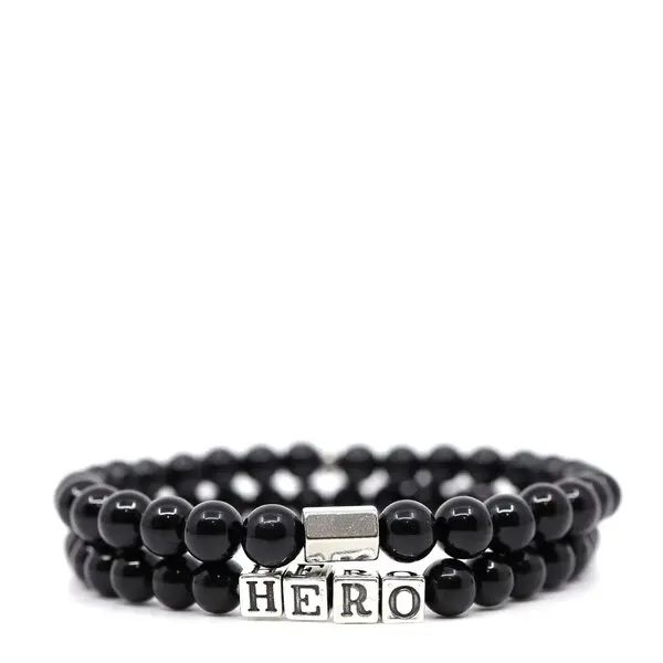 Shar Oke Black / Silver Black Tourmaline & Hero Word Beaded Bracelet Set - Black/silver