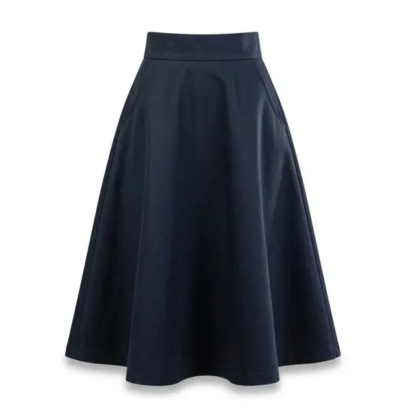NIKKA PLACE Cotton Midi Flared Skirt With High Waist And Pockets In Dark - Blue