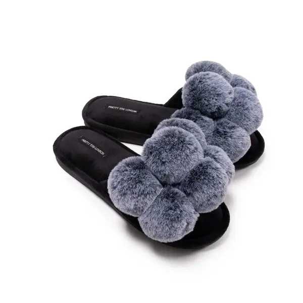 PRETTY YOU Dolly Fun Pom Slider Slippers - Black