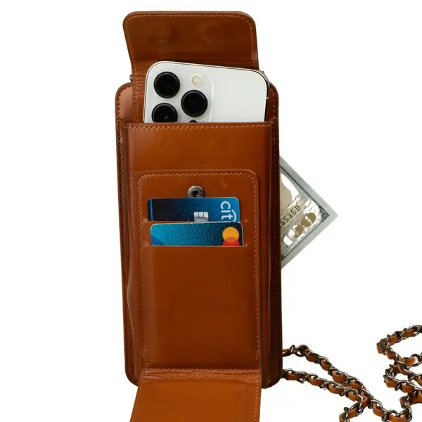 LEATHERE Leather Crossbody Bag Phone Wallet Columbus - Brown