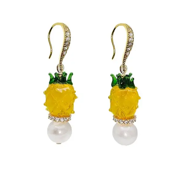 FARRA Fruity Pineapple With Freshwater Pearls Dangle Earrings - Yellow
