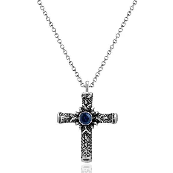 UNALOE Blue / Silver Sterling Silver Cross Necklace With Sapphire – Christian Jewelry - Blue/silver