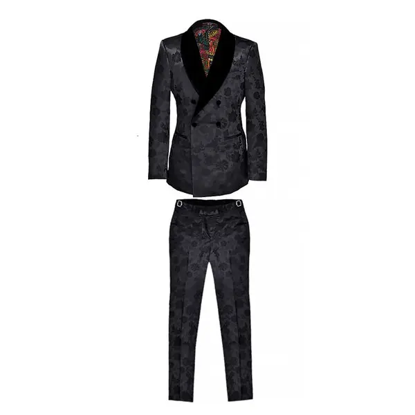 DAVID WEJ Atticus Double Breasted Jacquard Velvet Shawl Lapel Tuxedo - Black