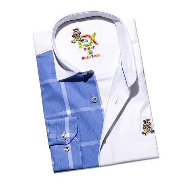 EIGHT X Part Plaid Frog Oxford Button Down Shirt - Blue