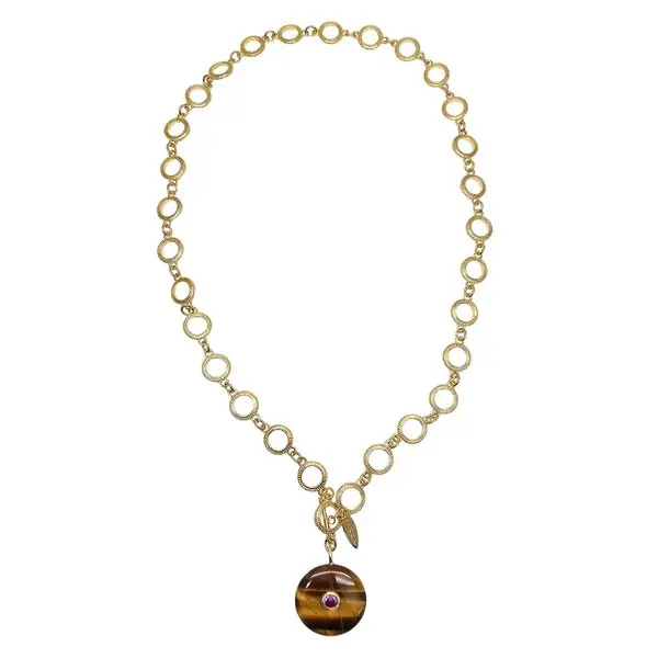 FARRA Tiger Eye Stone Pendant Y-shaped Necklace - Brown
