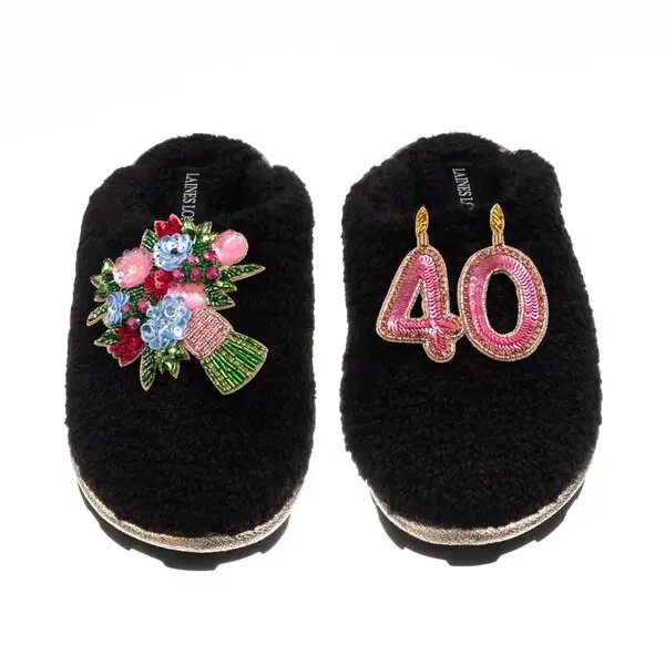 LAINES LONDON Teddy Closed Toe Slippers With 40th Birthday & Flowers Brooches - Black