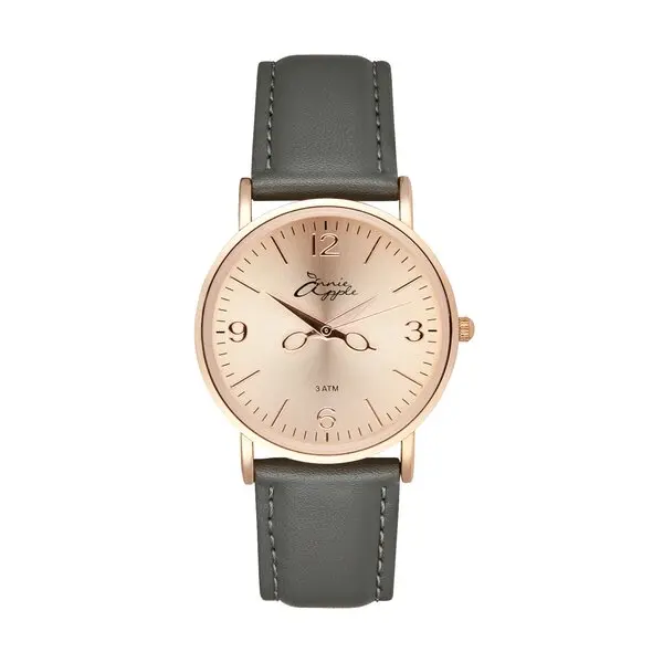 BERMUDA WATCH COMPANY Annie Apple Alore Rose Gold/ Leather Hairdresser Scissor Hands Watch - Grey
