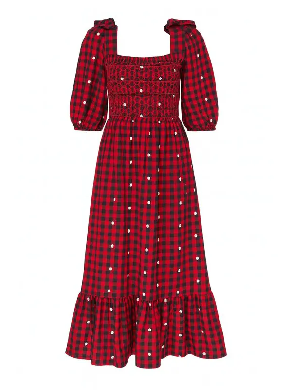 ROSE & NANCY Black / White / Red Steffi Red & Black Daisy Embroidered Check Maxi Dress - Black/white/red
