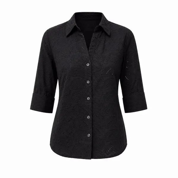 CARLOSLINES Embroidered Cotton V-neck Short Sleeve Shirt Blouse In Solid - Black