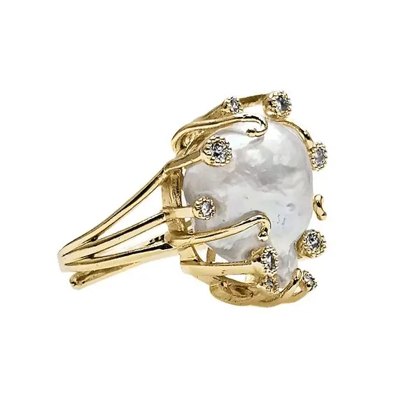 FARRA Baroque Pearls With Gold Band Adjustable Ring - White