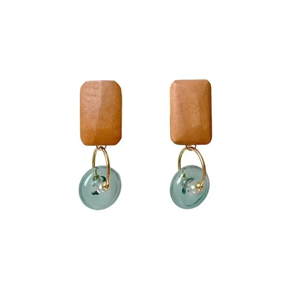 PAISIE Geometric Pine Wood Earrings In Brown - Blue