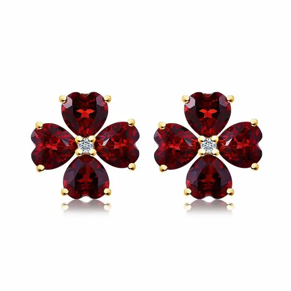 KAI FINE JEWELRY Red / Gold Solid Gold Natural Garnet & Diamond Clover Earrings - Red/gold