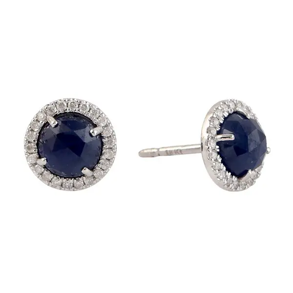 ARTISAN White / Blue Blue Sapphire & Diamond Round Stud Earrings In 18k White Gold - White/blue