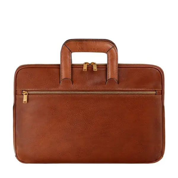 TIME RESISTANCE Cognac Leather Briefcase Laptop Bag Brave New World - Brown