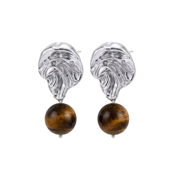 LINYA JEWELLERY Tigris Dangling Amorphous Tiger Eye Earrings, Natural Stone Earring - Silver