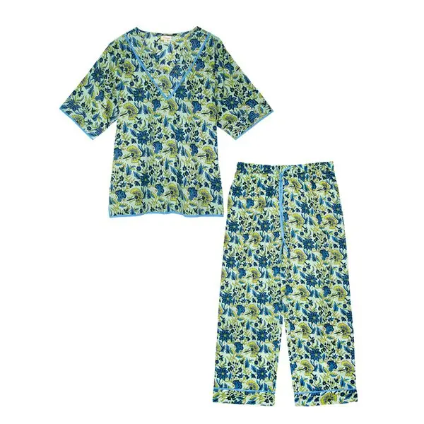 INARA Indian Cotton Floral Printed Pyjamas Lime Patchouli - Green