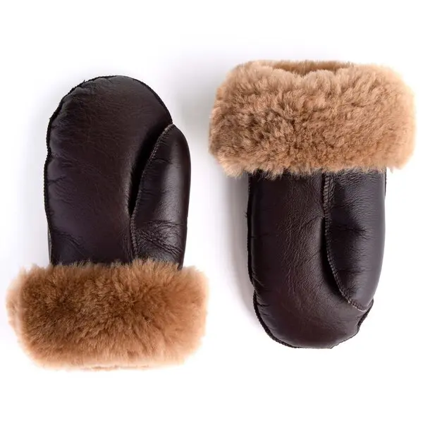 N'DAMUS LONDON Aviator Shearling Sheepskin Wool & Leather Mittens - Brown