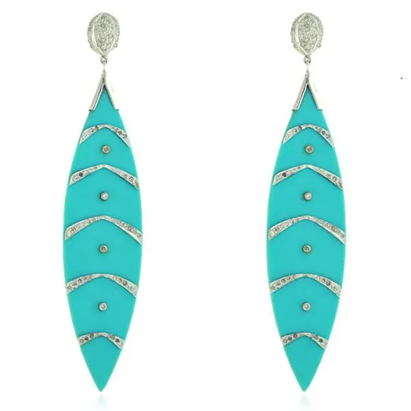 ARTISAN Blue / White Turquoise Bakelite & Diamond Long Drop Earrings In 14k White Gold - Blue/white