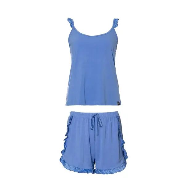 PRETTY YOU Bamboo Frill Cami Short Pyjama Set In Cornflower - Blue