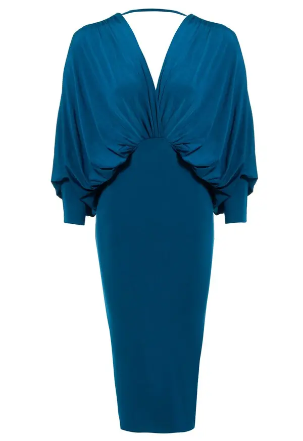 SARVIN Teal Plunging Front Midi Dress