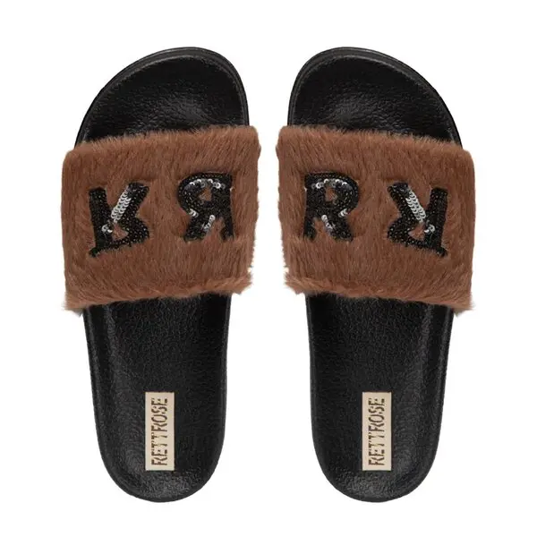 RETTROSE Black / Brown Truvi Chocolate Luxury Plush Diamanté Embellished Handmade Sliders - Black/brown