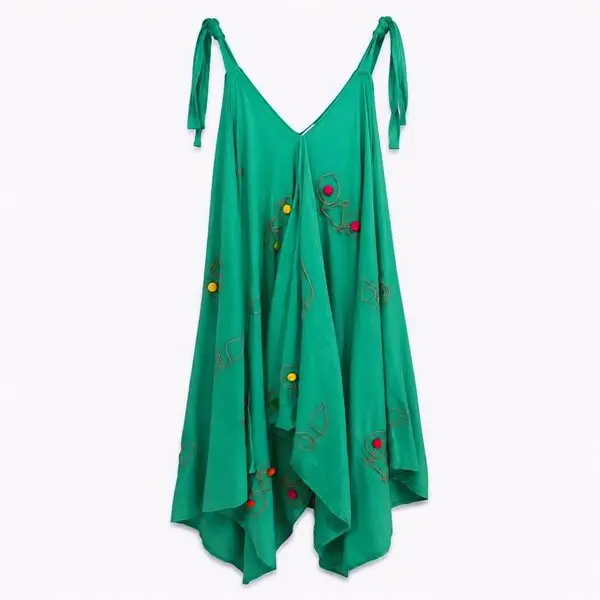 ZASTASTUDIO Zasta Studio Artisan Organic Cotton Harlem Dress With Embroidered Details And Pom-pom Accents - Green