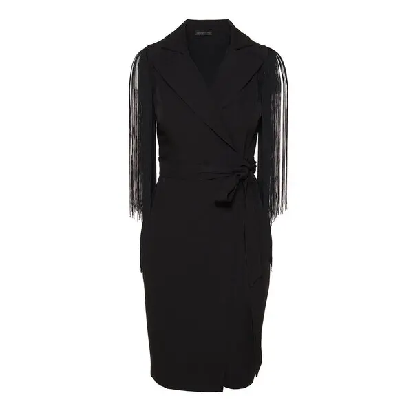 CONCEPT A TROIS Wrap Blazer Dress With Fringed Sleeves - Black
