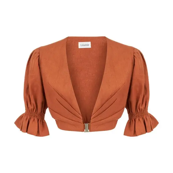 LILAMIE Marrakesh Puff Sleeve Summer Crop Top Brick - Orange