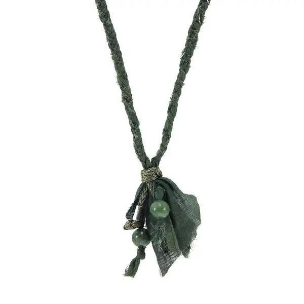 ANCHOR & CREW Jade Marcus Silver, Stone & Braided Cotton Voile Skinny Necklace X Wrap Bracelet - Green