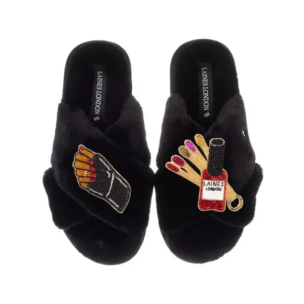 LAINES LONDON Classic Laines Slippers With Cocoa Nail Tech Brooches - Black