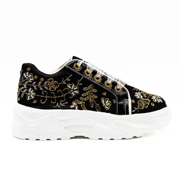 RETTROSE Diana Luxury Satin Handmade Embellished Trainers - Black