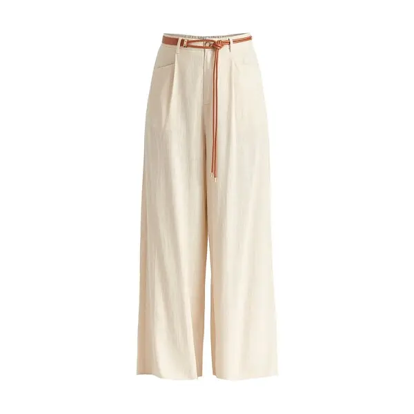 PAISIE Neutrals Linen Blend Wide Leg Trousers With Belt In Oatmeal - Brown
