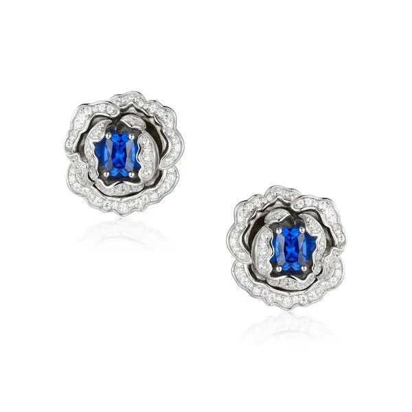 SANTINNI Blue / Silver Marchioness Flower-motif Silver Earrings With Blue Crystal - Blue/silver