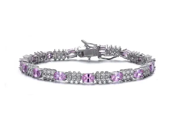 GENEVIVE Sterling Silver White Gold Plated With Colored Cubic Zirconia Sapphire Bracelet - Pink