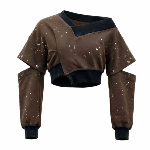 GAO REPUBLIC Sweatshirt Cropped Detachable Snap Sleeves Jersey Gray - Grey