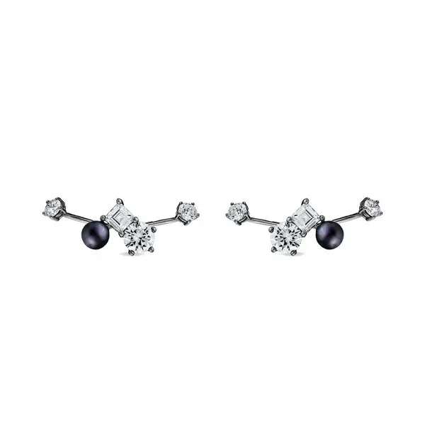 SALLY SKOUFIS White / Black Eclipse Ear Jacket With Natural Black Pearls & Made Cz Diamond Stimulant In Sterling Silver & Premium Black Rhodium - White/black