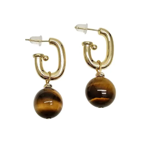 FARRA Tiger-eye Stone Dangle Modern Hoop Earrings - Brown
