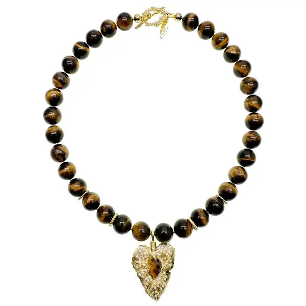 FARRA Tiger Eye Stone With Leaf Pendant Chunky Necklace - Brown