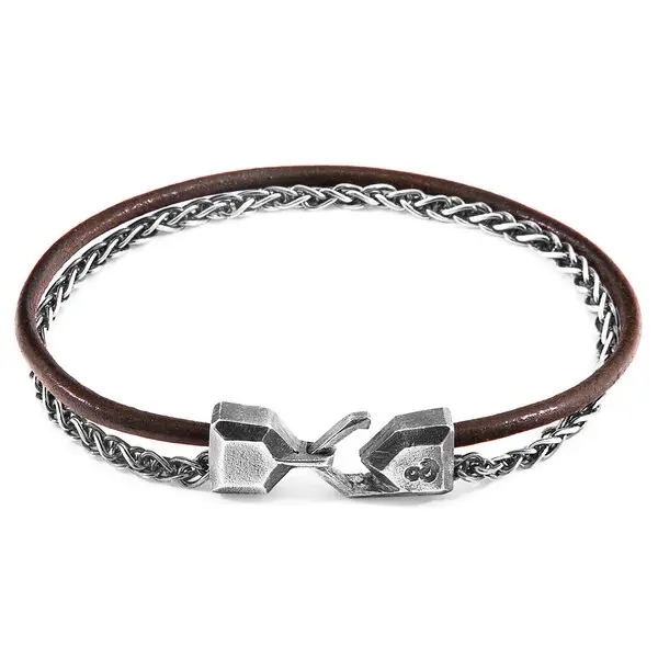ANCHOR & CREW Mocha Staysail Mast Silver & Round Leather Bracelet - Brown
