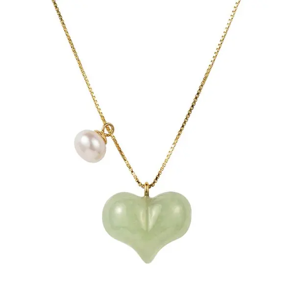 SEREE Puffed Heart Jade & Pearl Pendant Necklace - Green