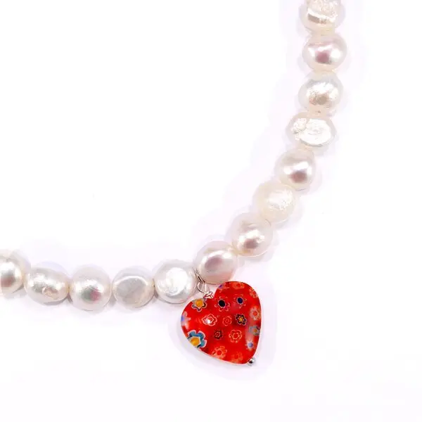 MINERALGEMS ✩ STUDIO Pearl Necklace With Heart Pendant - Red