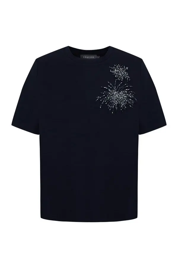 EXQUISE Regular Minimalist Sparkle Accent Madilyn T-shirt Navy - Blue