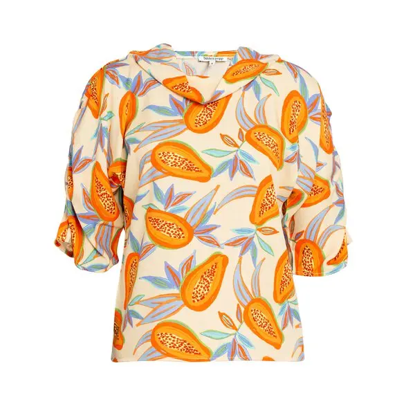BIANCA POPP Neutrals Puff Blouse With Collar In Viscose With Papaya Print - Beige