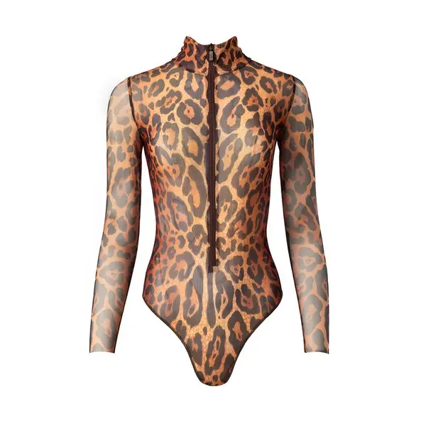 RODA SMARTSWIMWEAR Black / Brown Tan-through Mesh One-piece Zipper Swimsuit With Sleeves Leopard Quick Dry - Black/brown