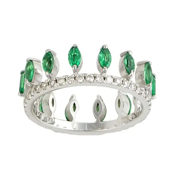 ARTISAN White / Green Emerald & Diamond Crown Band Ring In 14k White Gold - White/green