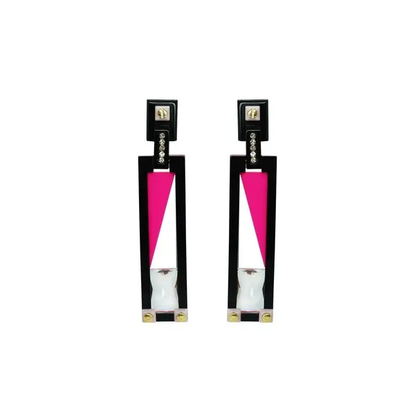 GISSA BICALHO Handmade Acrylic Earring Long Deco Rectangular Cut Stone - Pink